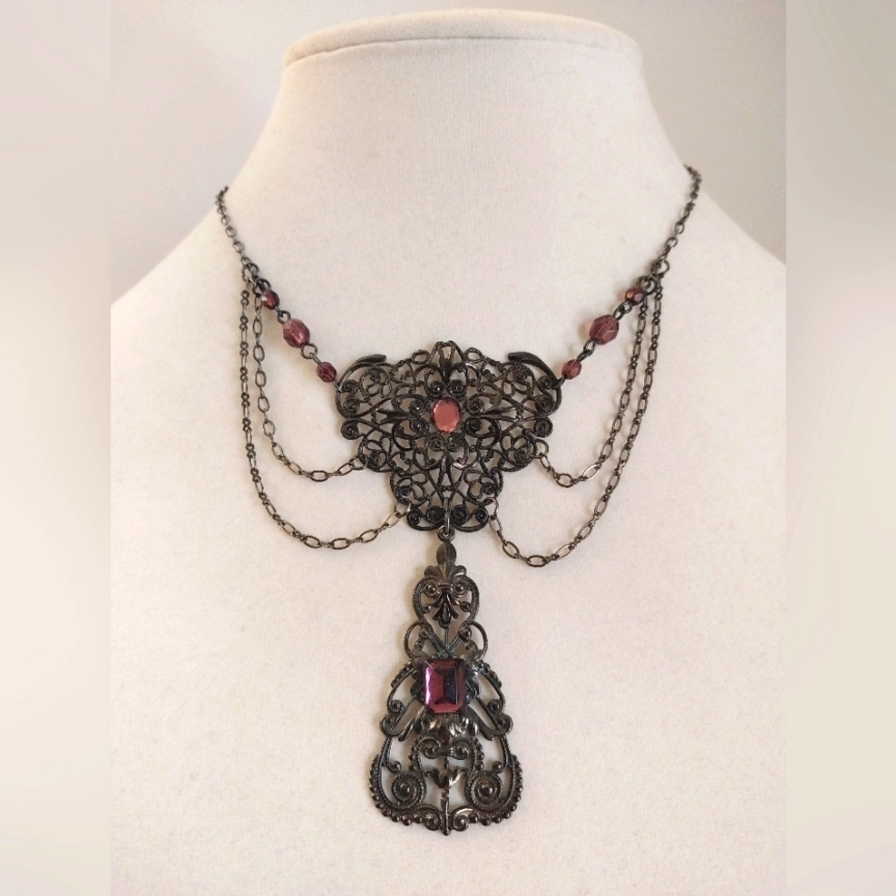 Goth Purple Beaded Victorian Filigree Necklace - Gem